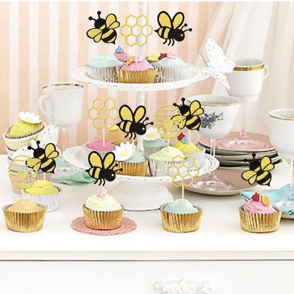 Party Supplies | 12pc Bumble Bee Cupcake Toppers Glitter Bee Honeycomb ...